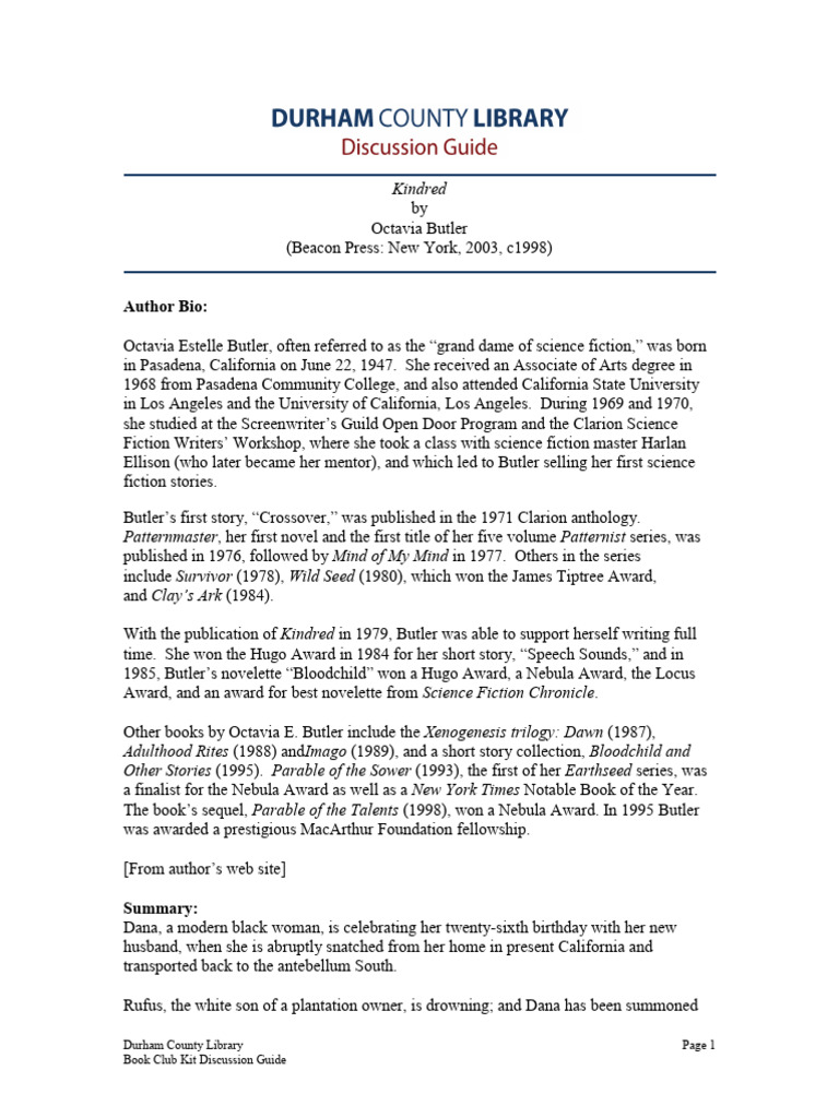 Kindred Book Club Discussion Guide | PDF | Octavia E. Butler