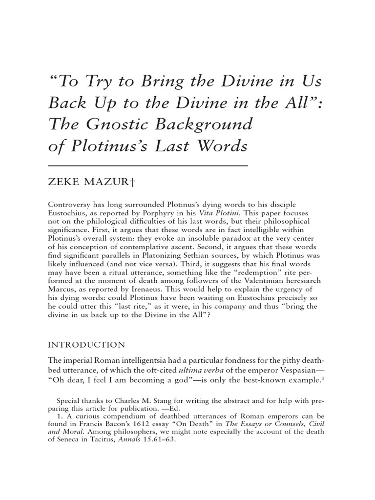 Plotinus - Zeke Mazur - The Gnostic Background of Plotinus' Last Words ...