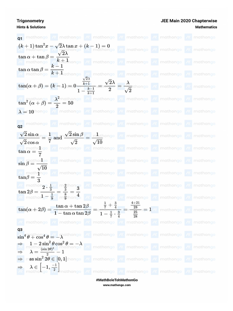 Trigonometry Solutions Jee Main 2020 Chapterwise Question Bank Mathongo ... Trigonometry Solutions Jee Main 2020 Chapterwise Question Bank Mathongo ...