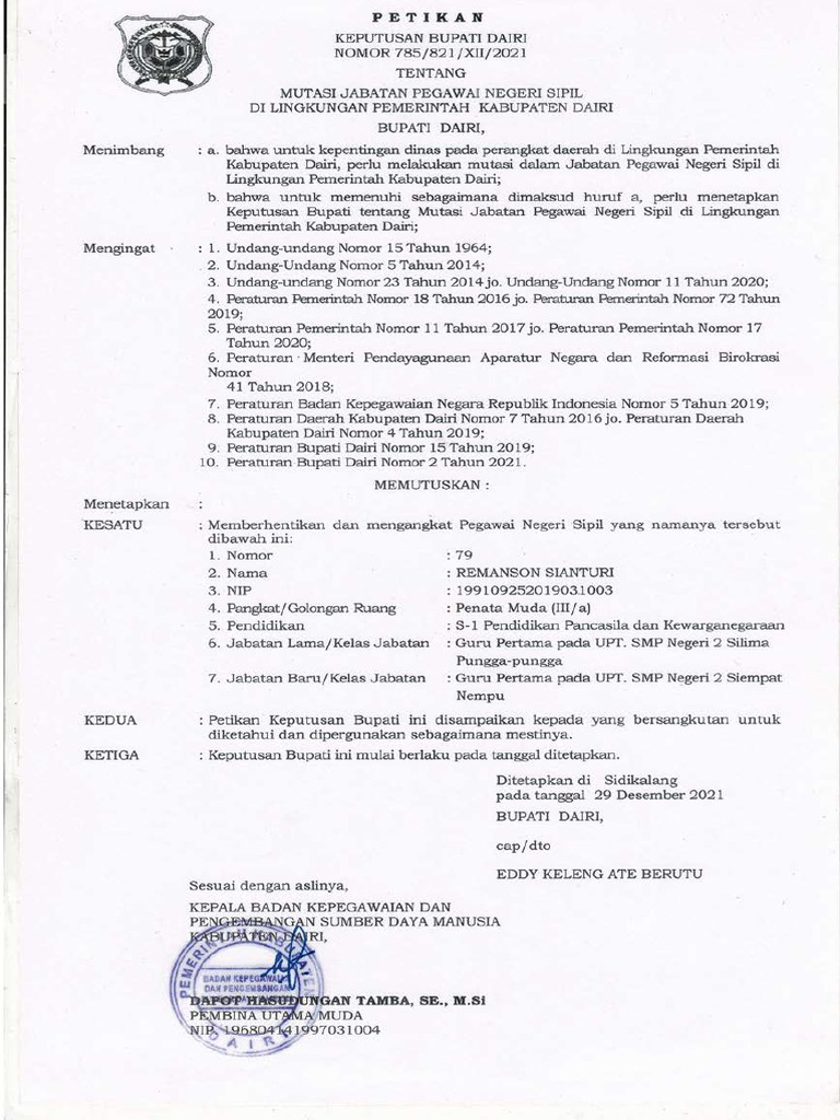 SK MUTASI Remanson Sianturi | PDF