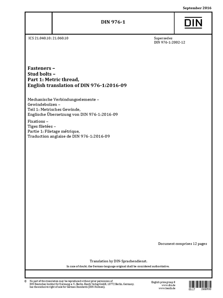DIN 976-1:2016 Stud Bolt Standard | PDF | Screw | Engineering Tolerance