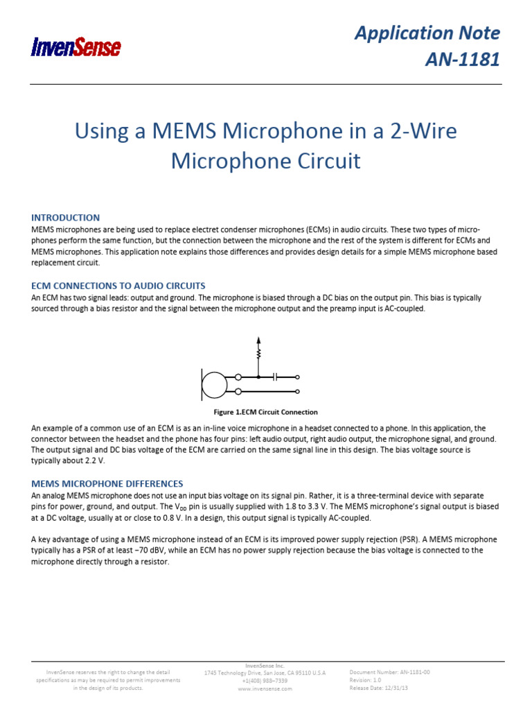 Using A MEMS Microphone in A 2 Wire Microphone Circuit | PDF ...