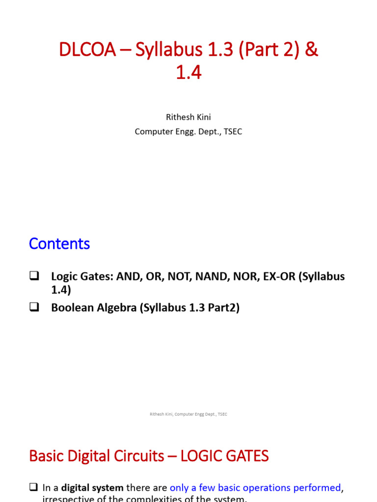 DLCOA - Syllabus 1.3 (Part 2) & 1.4: Rithesh Kini Computer Engg. Dept., TSEC | PDF | Logic Gate ...