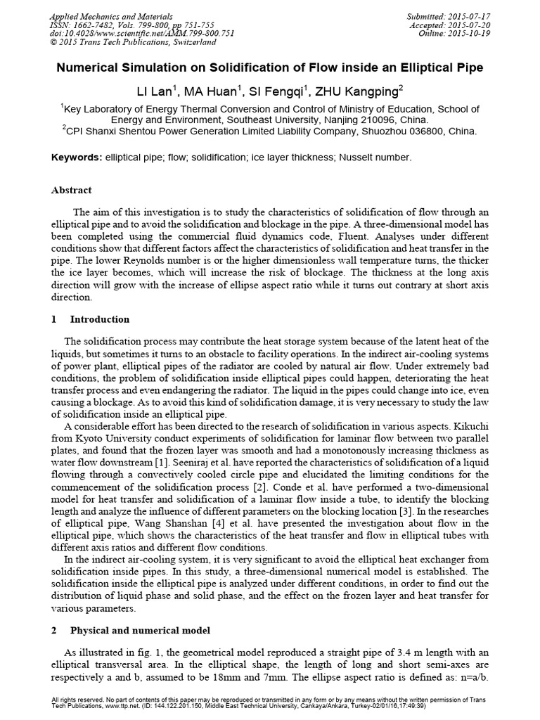 Numerical Simulation On Solidification of Flow Inside An Elliptical Pipe | PDF | Ellipse | Freezing