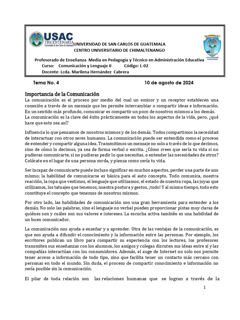 Tema No. 4 Importancia de La Comunicación 2024 | PDF | Comunicación | Gusto