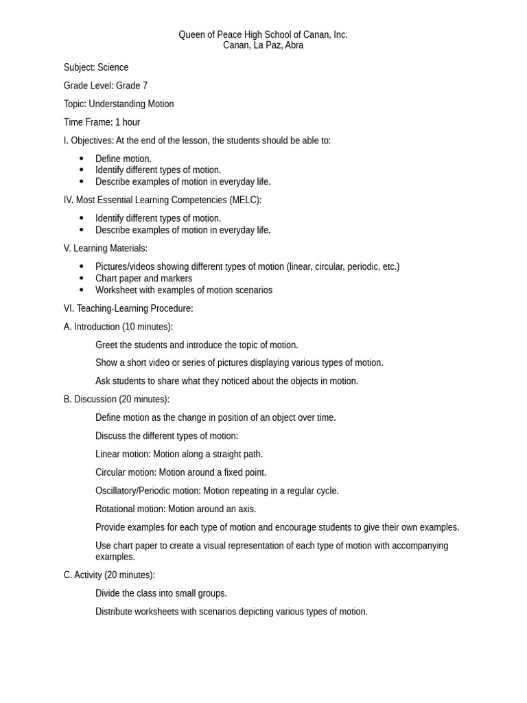 Grade 7 Science: Understanding Motion | PDF | Time | Learning