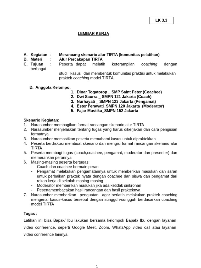 Kelompok 2 Dan 5 Hari 3 - LK 3.3 Praktek Merancang Skenario TIRTA - Komunitas Pelatihan | PDF
