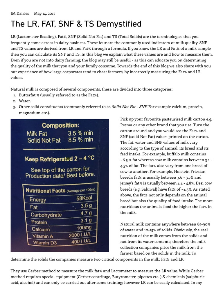 The LR, FAT, SNF & TS Demystified | PDF | Density | Milk The LR, FAT, SNF & TS Demystified | PDF | Density | Milk