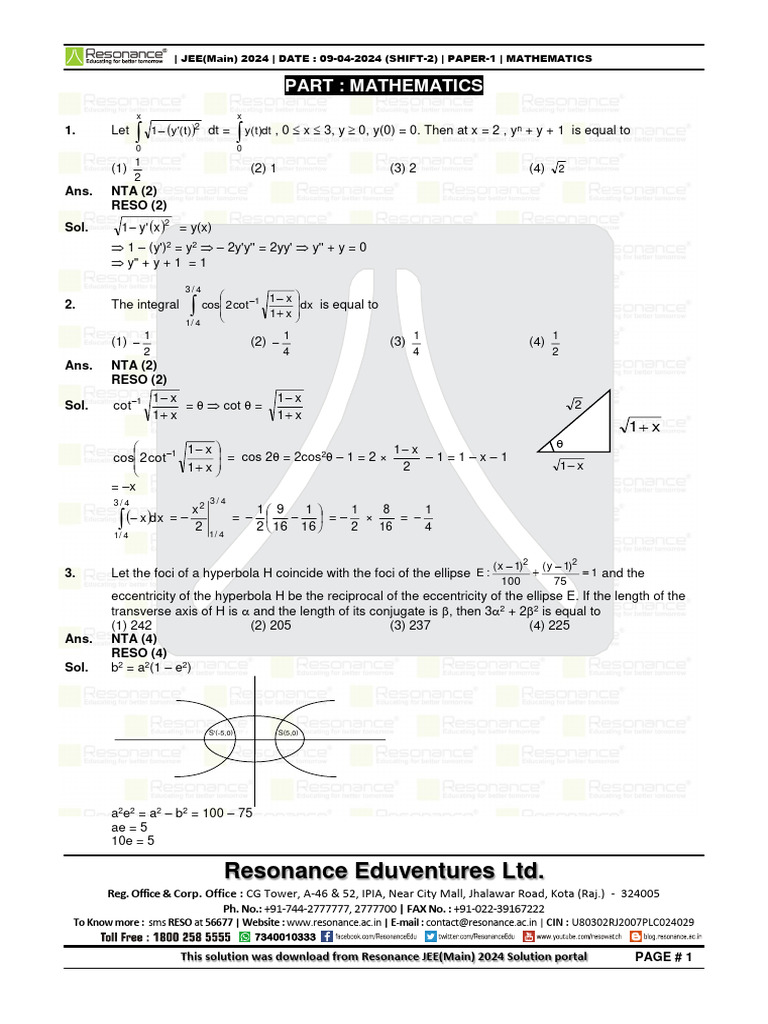 Resonance Eduventures LTD.: Part: Mathematics | PDF | Analytic Geometry | Elementary Geometry