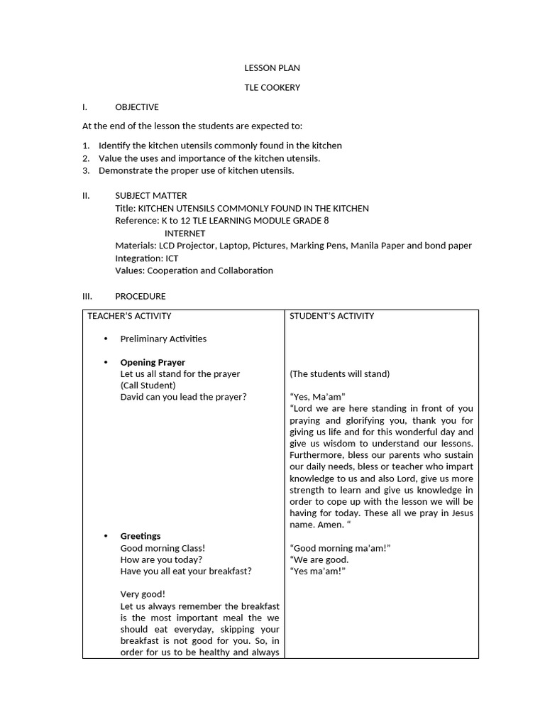 LESSON PLAN For Cookery | PDF | Cookware And Bakeware | Cooking