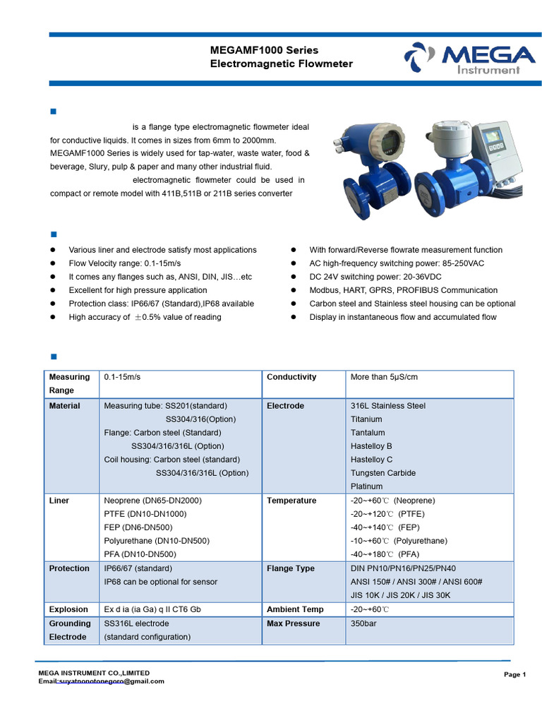 Datasheet - Magnetic Flow Meter - MEGAMF1000 Series | PDF | Flow Measurement | Pipe (Fluid ...