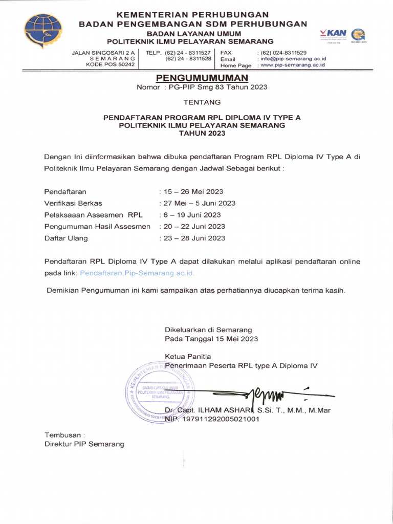 Pembukaan Pendaftaran RPL Type A PIP SMG 2023 | PDF