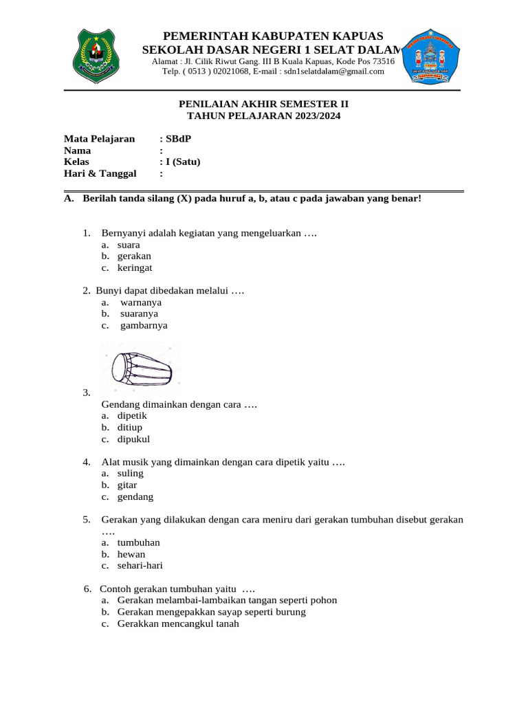 SOAL PAS II SBDP KELAS I 2023 2024 | PDF