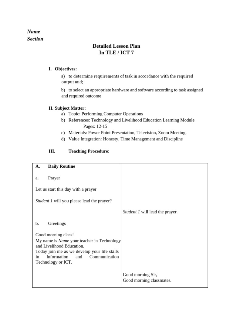 TLE ICT 7 Lesson Plan: Computer Operations | PDF | Input/Output ...
