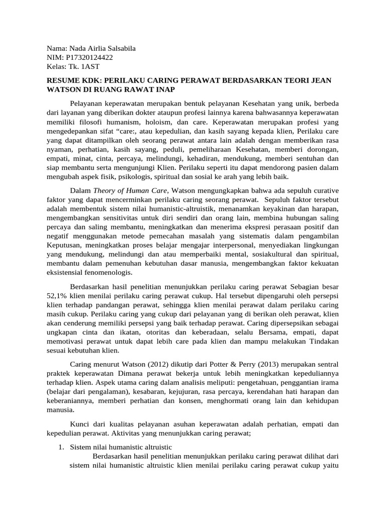 Resume KDK Perilaku Caring Perawat Berdasarkan Teori Jean Watson Di Ruang Rawat Inap | PDF
