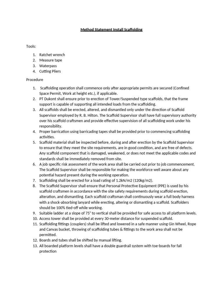 Method Statement Install Scaffolding | PDF | Scaffolding | Safety