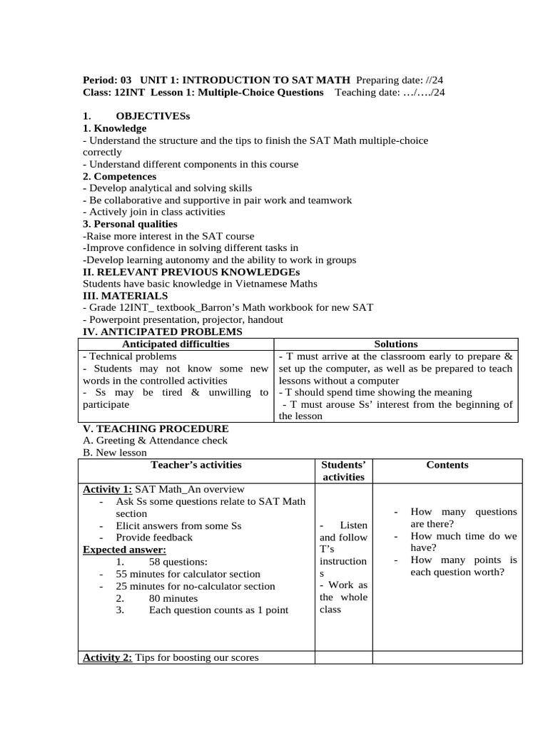 INTRODUCTION - SAT Math | PDF | Sat | Multiple Choice