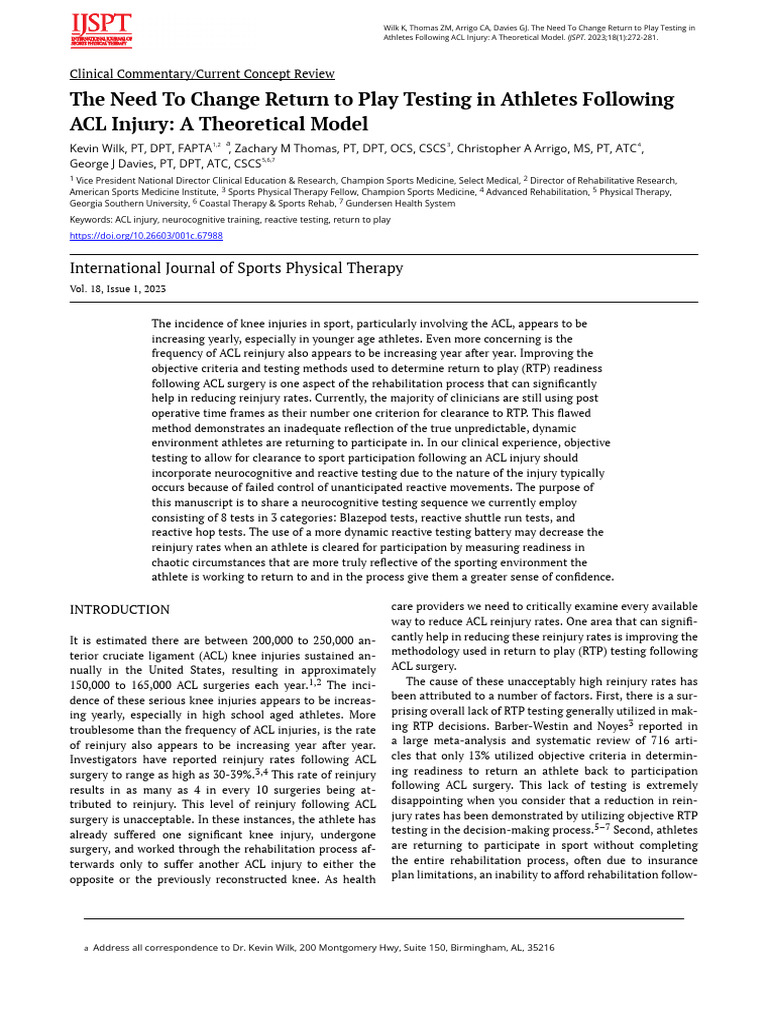RTP Following ACL Injuries | PDF | Physical Therapy