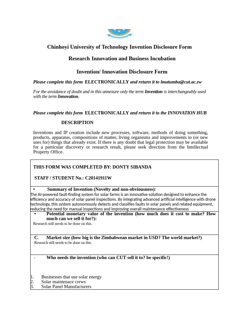 (NSMN) Chinhoyi University of Technology Invention Disclosure Form (1 ...