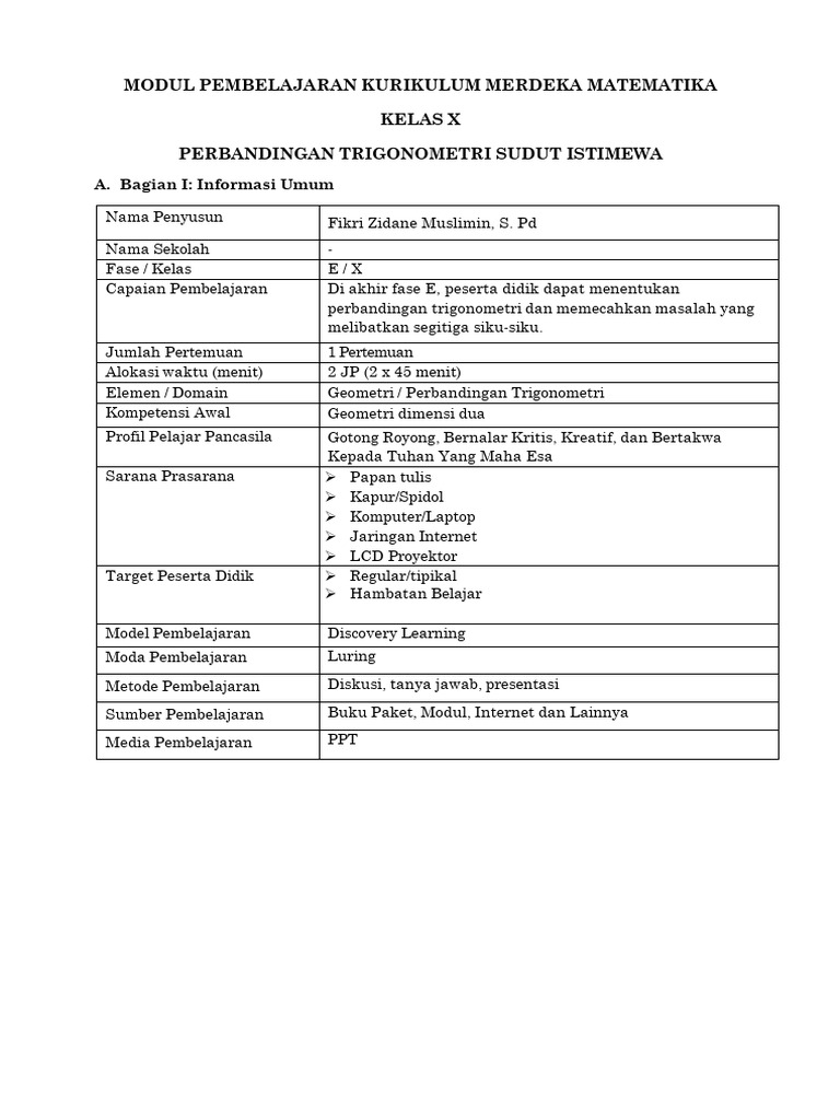 Modul Pembelajaran Kurikulum Merdeka Matematika - Kelas X | PDF ...