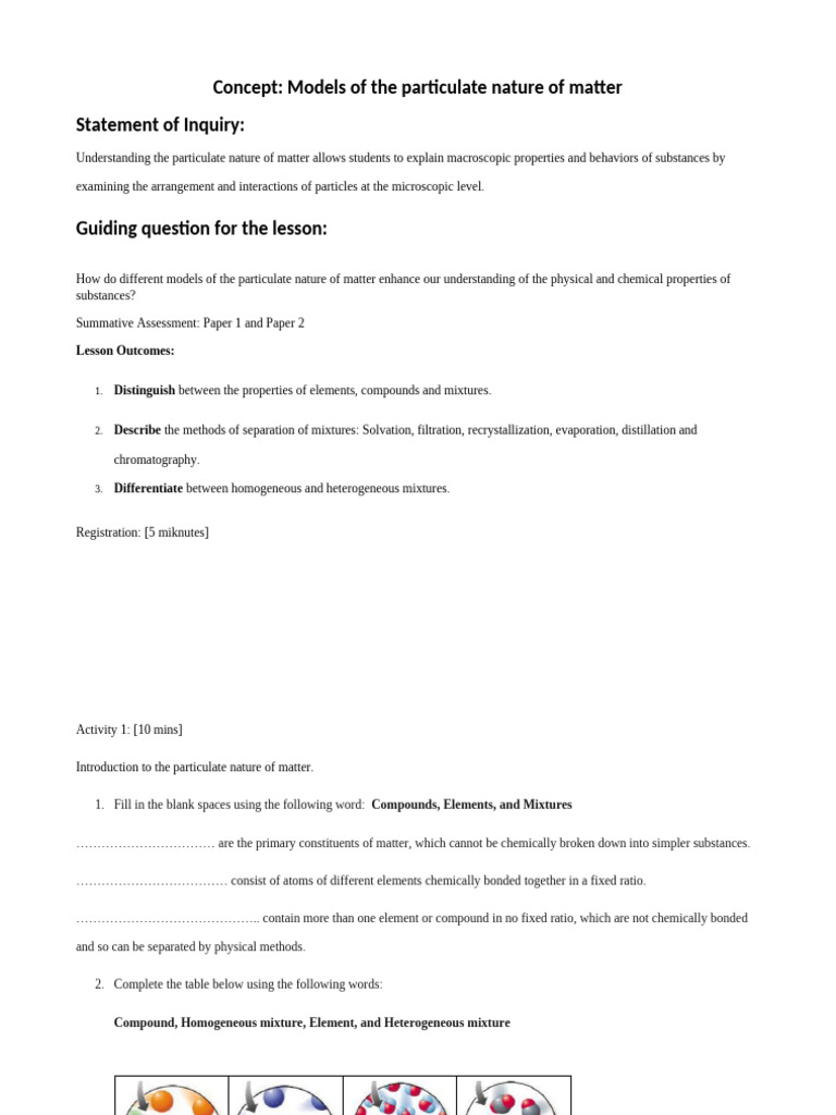 Lesson 1 Particulate Natutre of Matter | PDF | Mixture | Chemical Compounds