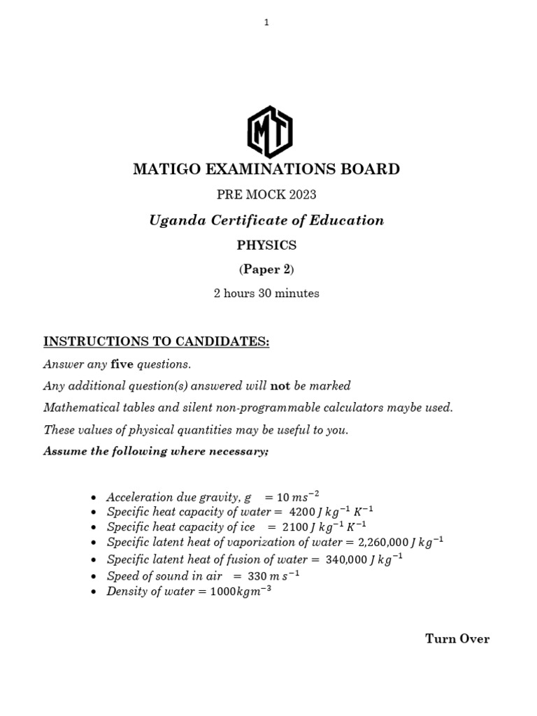 Matigo Pre Mock Phy 2uce 2023 | PDF | Waves | Acceleration