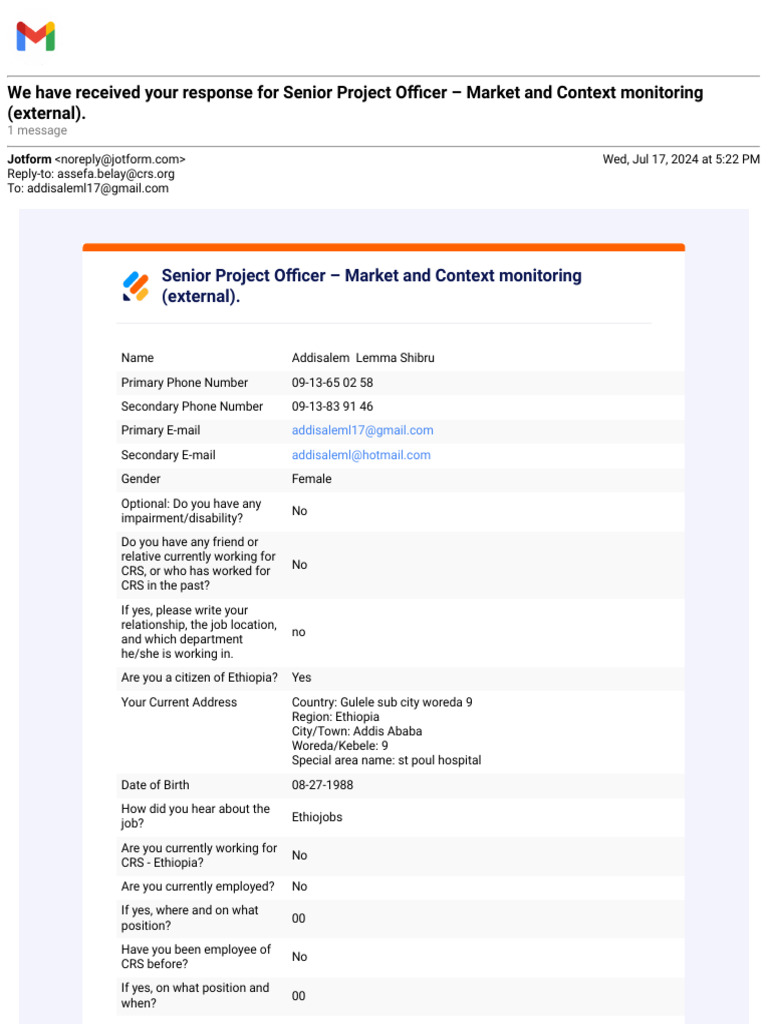 Gmail - We Have Received Your Response For Senior Project Officer ...