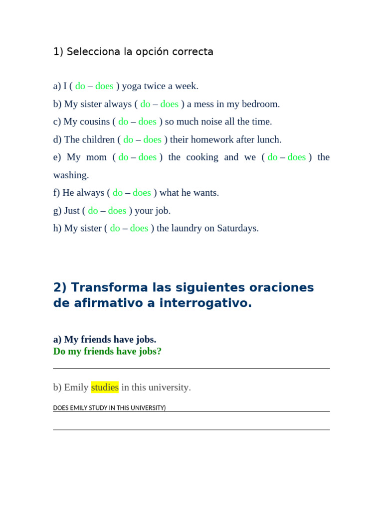 Ejercicios para Uso Del Do y Does | PDF