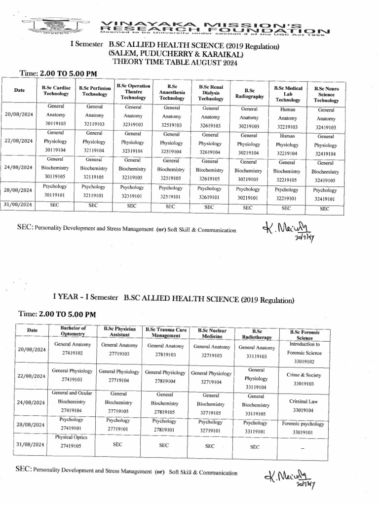 Sahs - Ug Time Table | PDF