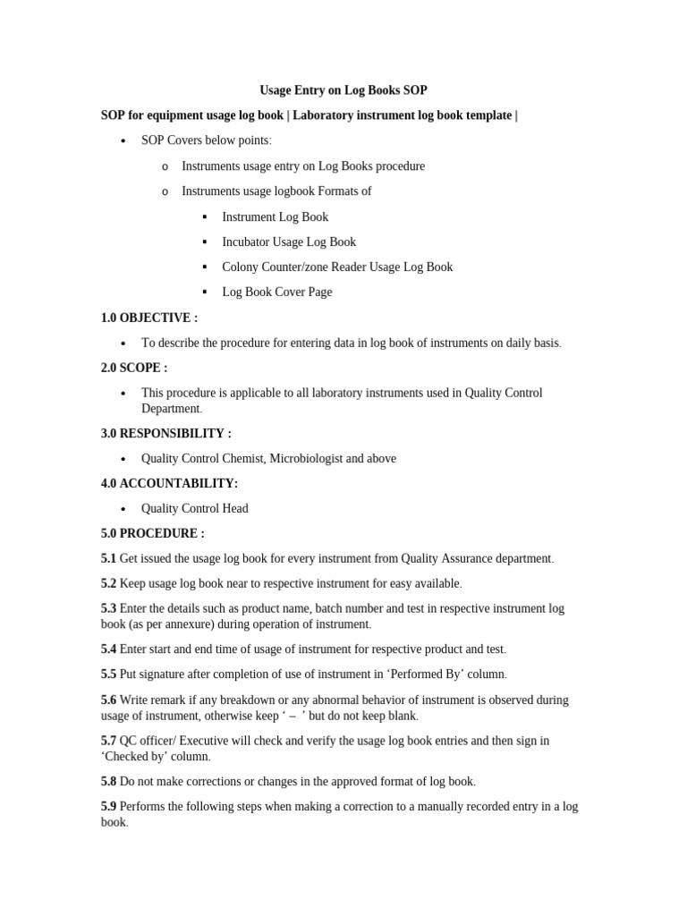 Equipment Usage Log Book SOP | PDF | Quality Assurance | Computing