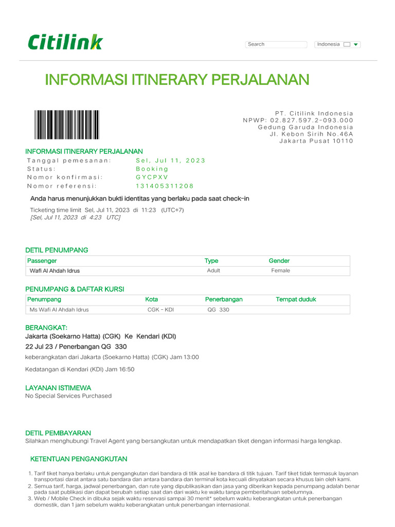 E-Ticket CGK-KDI Citilink | PDF