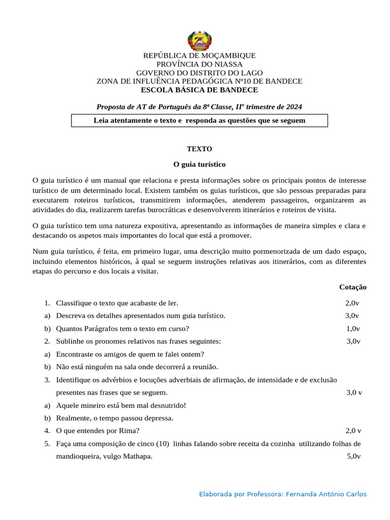 PROPOSTA DE AT-PORTUGUES-8a Classe-II TRIMESTRE 2024 | PDF | Advérbio ...
