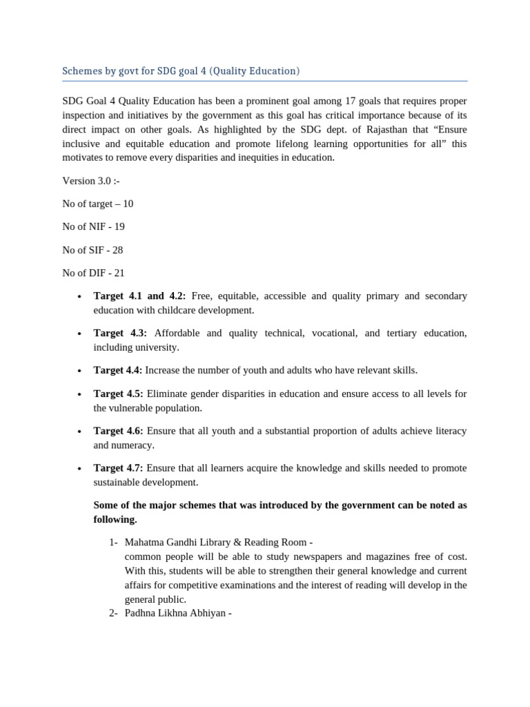 Schemes by Govt For SDG Goal 4 (Quality Education) | PDF