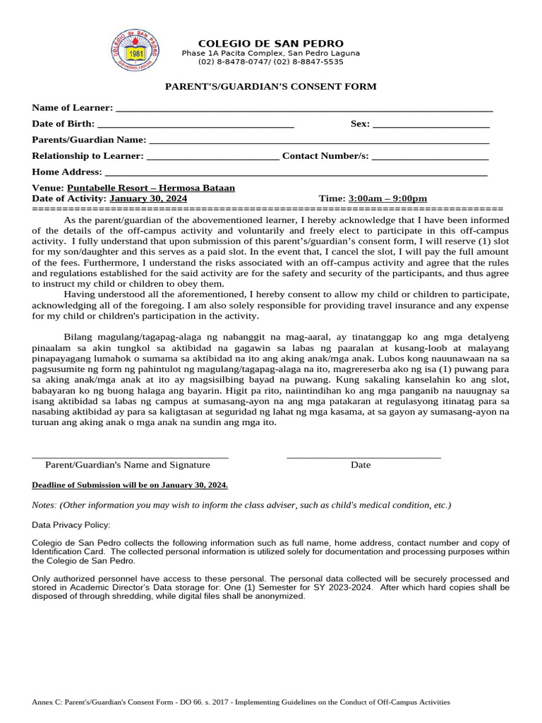 ConsentForm FieldTrip - JHS 2024 | PDF | Wellness