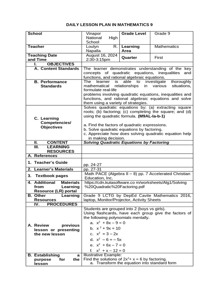Math 9 DLP4 Q1 | PDF | Quadratic Equation | Equations