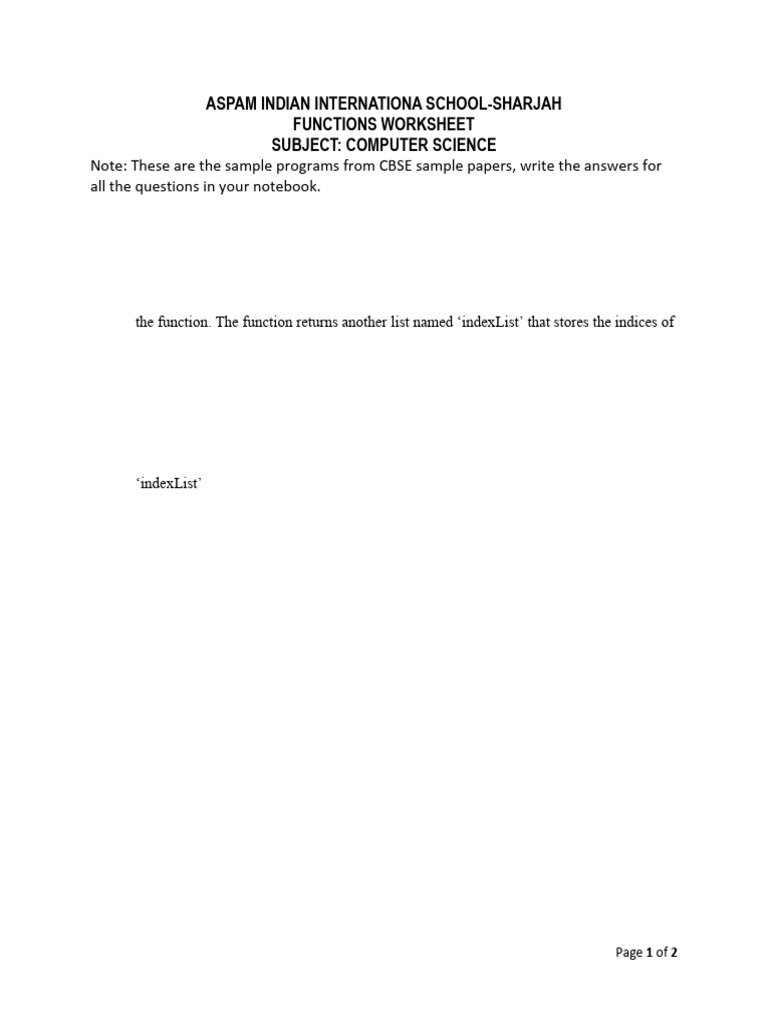 FUNCTIONS WORKSHEET-1 PROGRAMS FROM SAMPLE PAPERS | PDF | Function (Mathematics) | Parameter ...