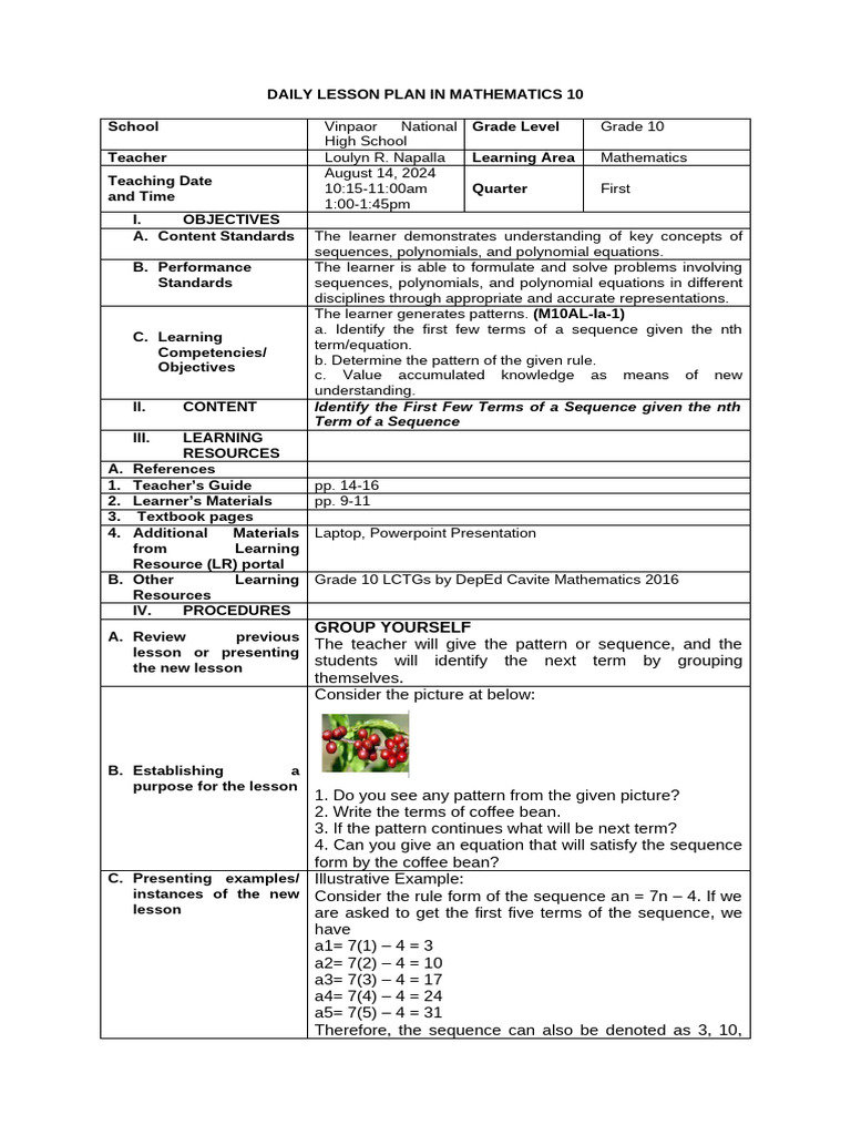 Math 10 DLP2 Q1 | PDF | Sequence | Learning