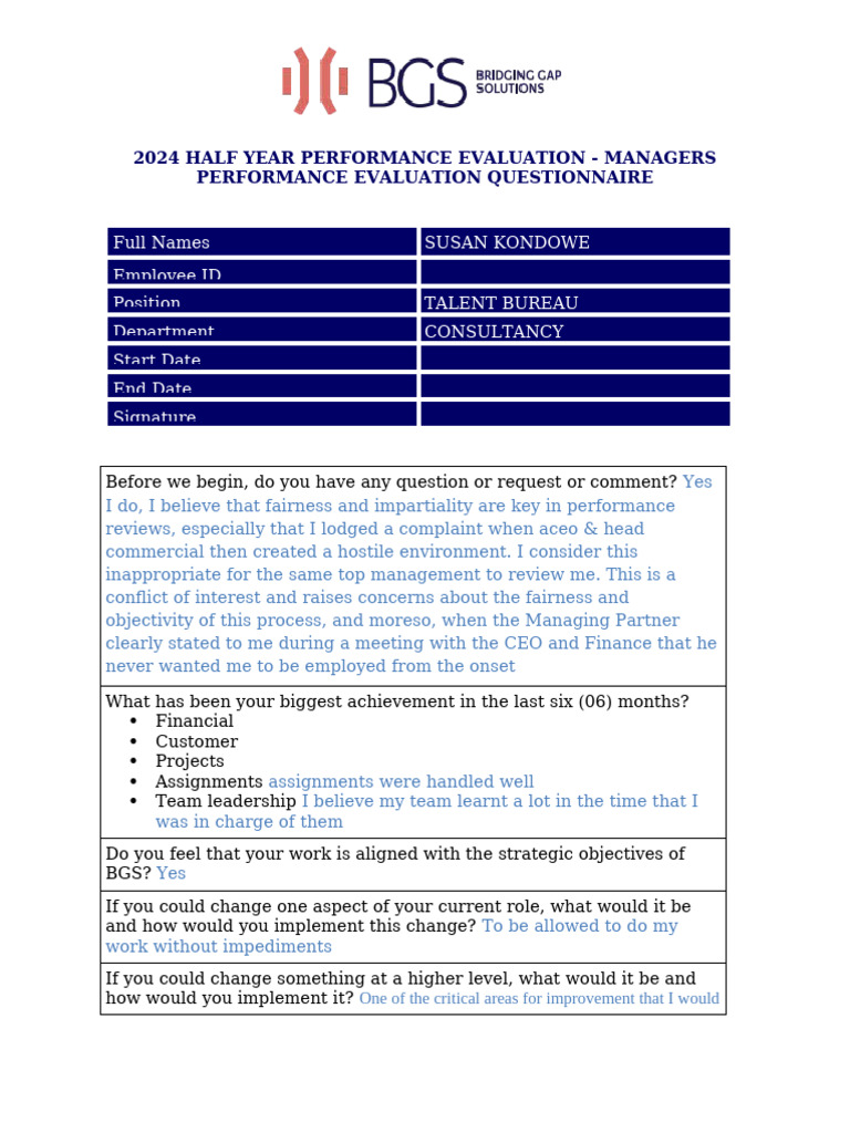 Performance Evaluation Questionnaire Managers and Supervisors | PDF ...