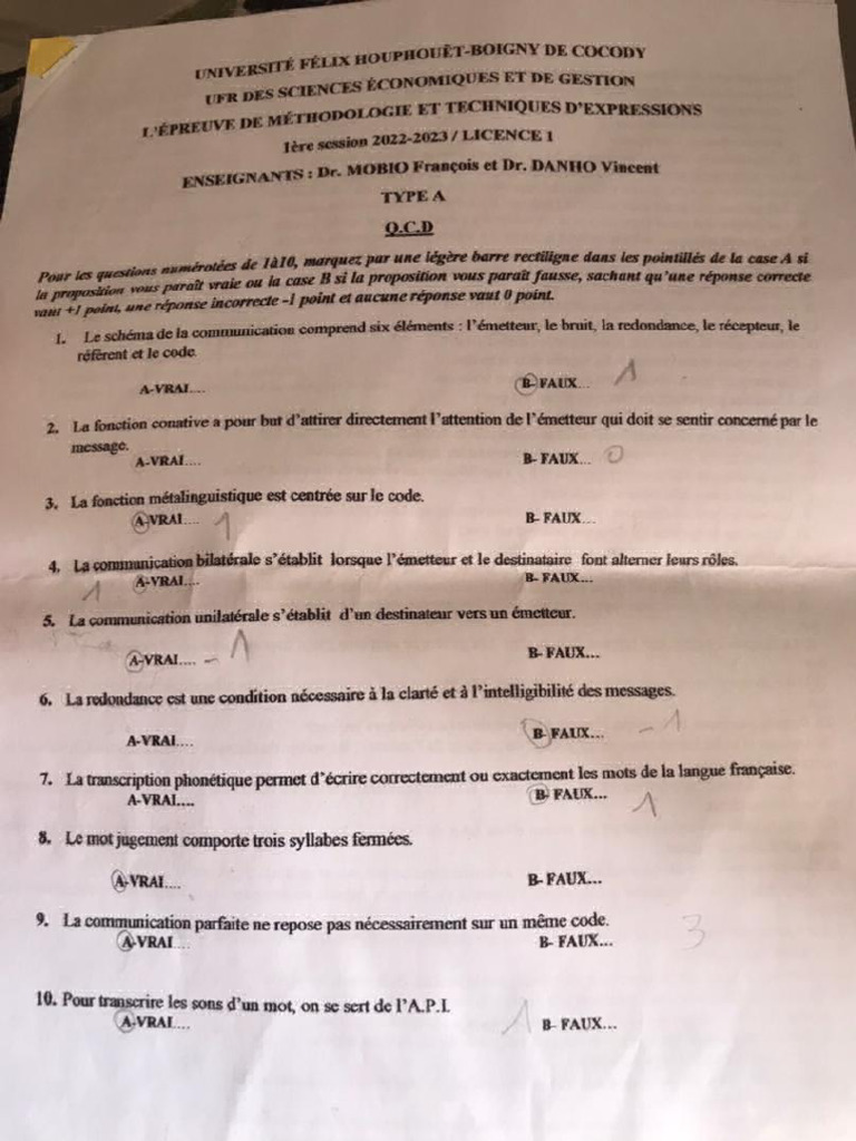 Sujets de Compo Première Session UFR SEG de L'université de Cocody | PDF