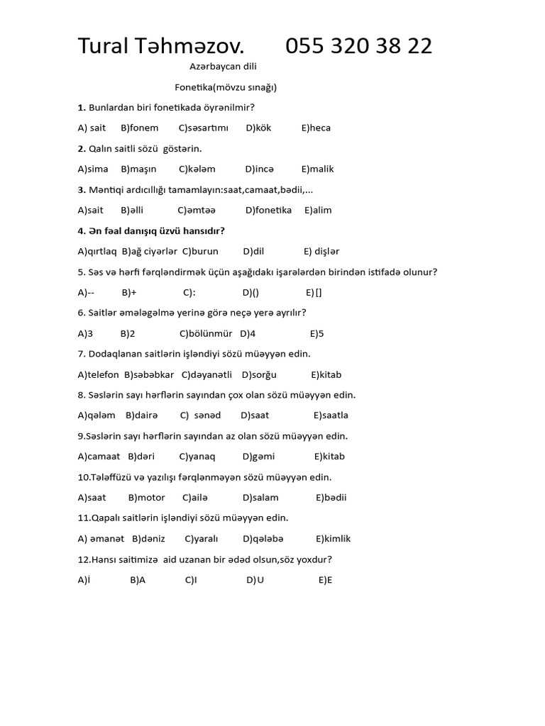 Azərbaycan dili sınaq 5-8 Tural nüəllim | PDF Azərbaycan dili sınaq 5-8 Tural nüəllim | PDF