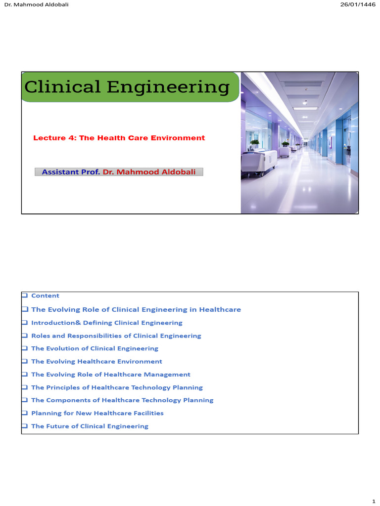 Lecture 4 The Evolving Role of Clinical Engineering in Healthcare | PDF ...