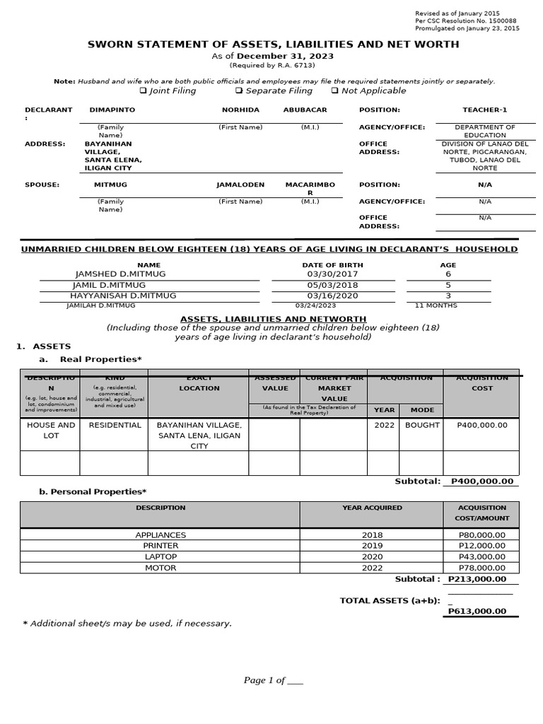 2023-Saln-Form Irmah | PDF | Net Worth | Financial Services
