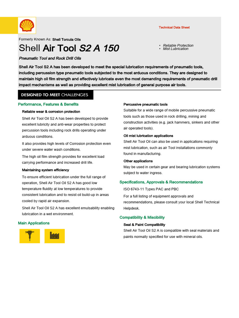 Shell Air Tool Oil S2 A Technical Data | PDF | Drill | Viscosity