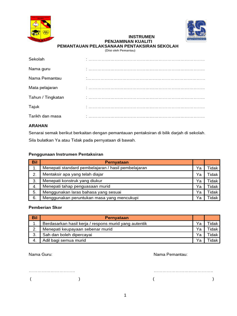 Borang PKP 1A Pemantauan Pentaksiran | PDF