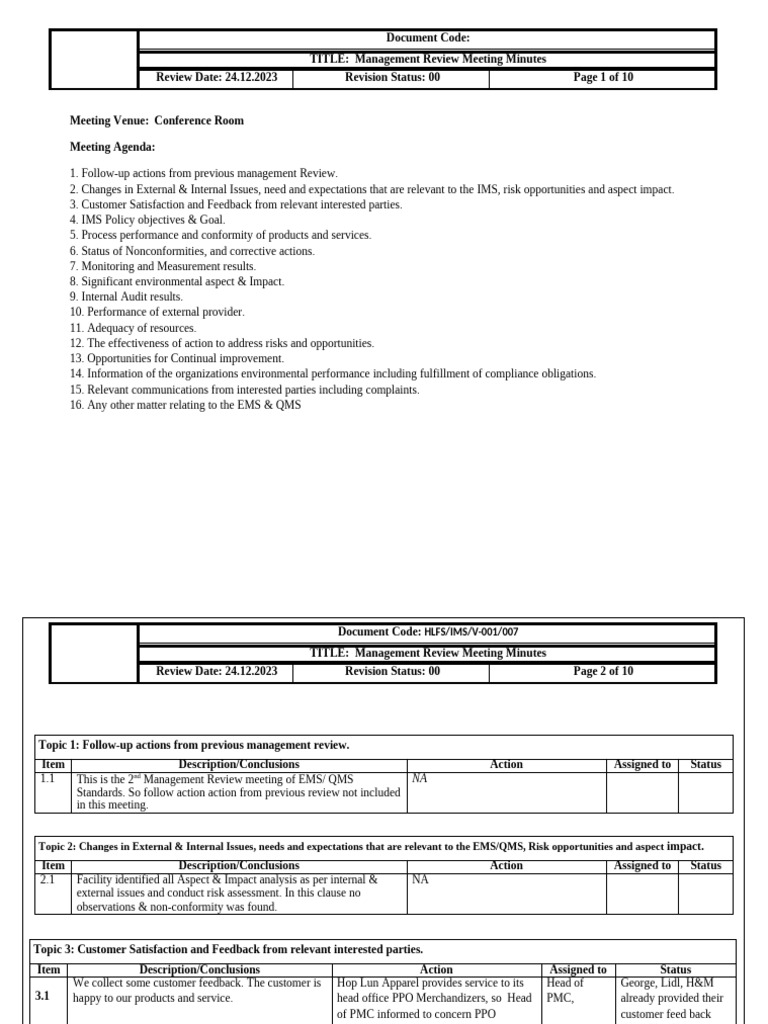 Management Review Meeting Minutes | PDF | Quality Management System | Audit