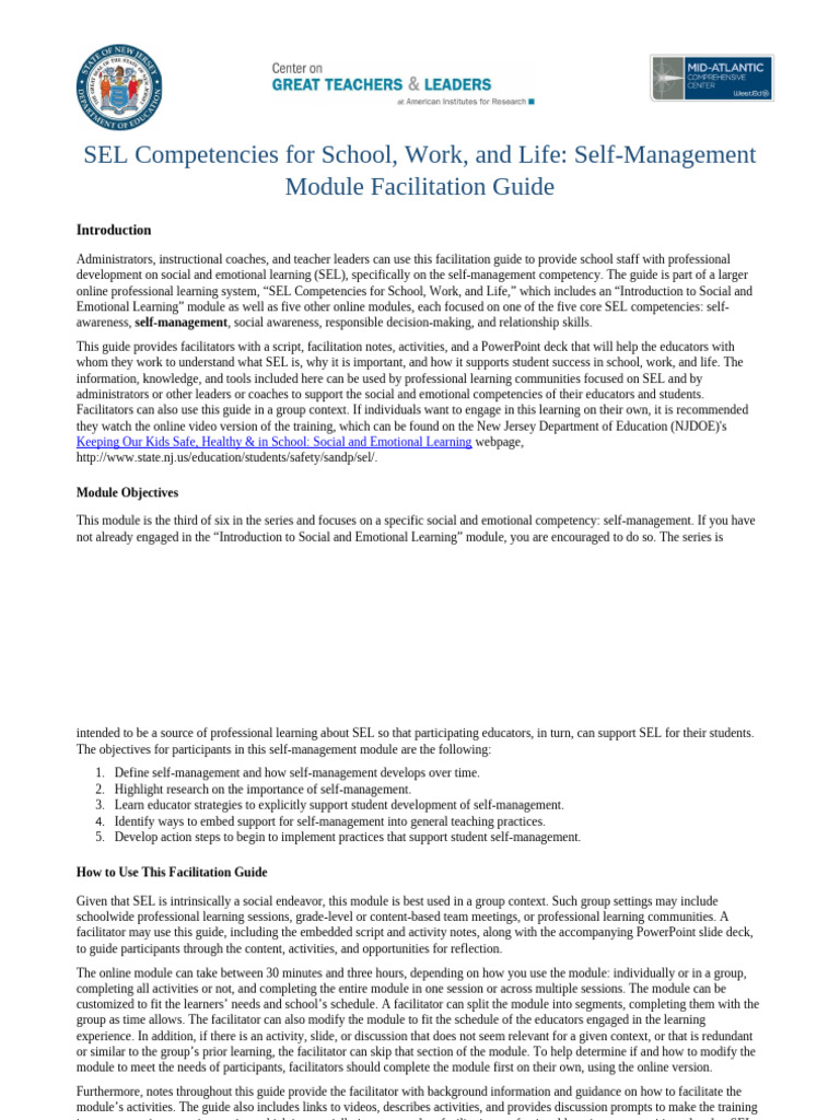 SEL Self-Management Facilitation Guide | PDF | Learning | Teachers