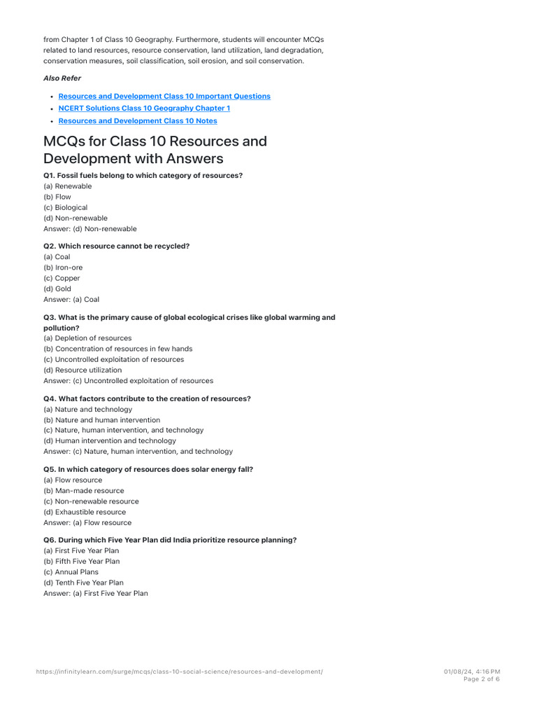 CBSE Resources and Development Class 10 MCQ with Answers | PDF | Resource | Economy And The ...