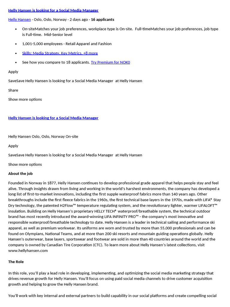 Helly Hansen Is Looking For A Social Media Manager | PDF | Search Engine Optimization | Social Media