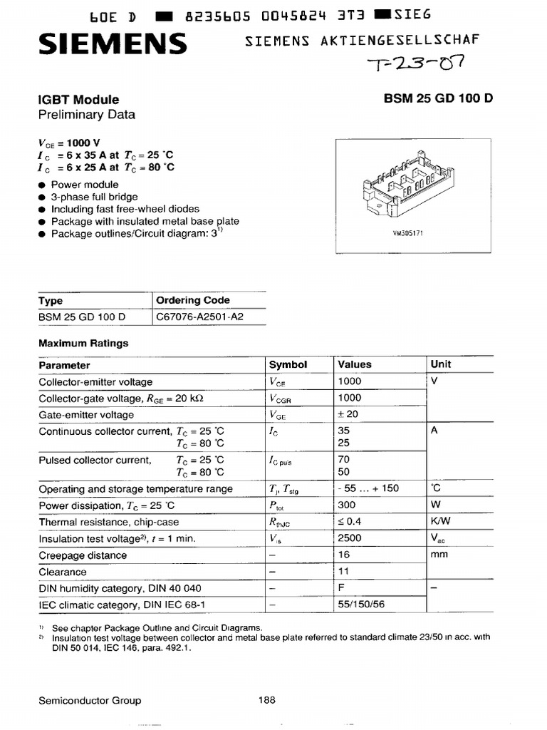 BSM25GD100D Siemens IGBT Module - DataSheet | PDF