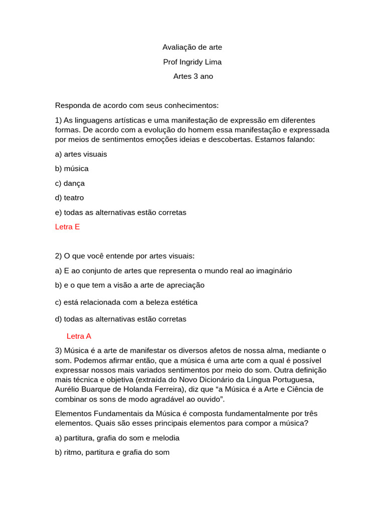Prova Diagnostico Arte 3 Ano | PDF | Estética | Teatro